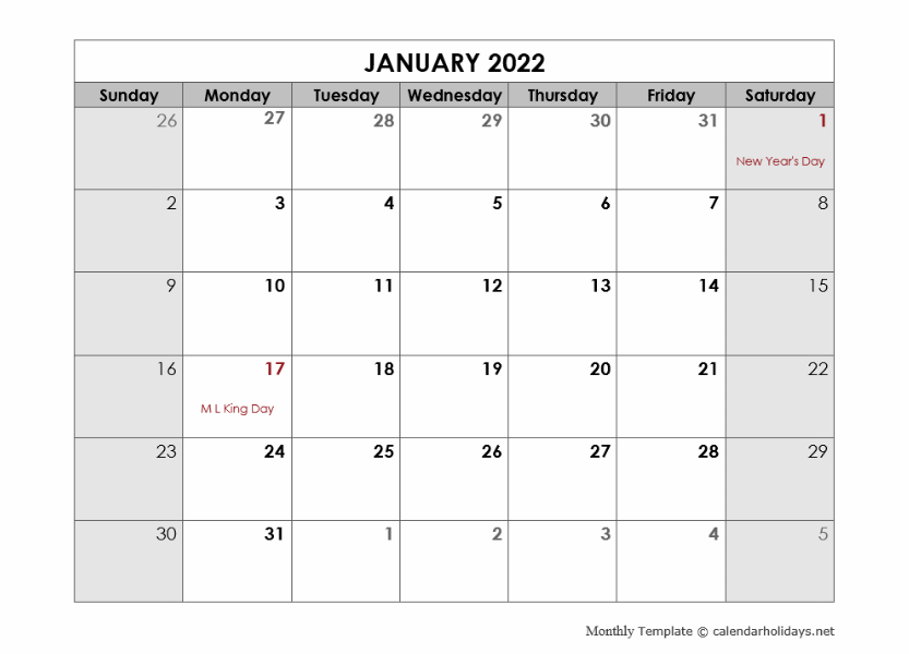 2022 Monthly Template CalendarHolidays
